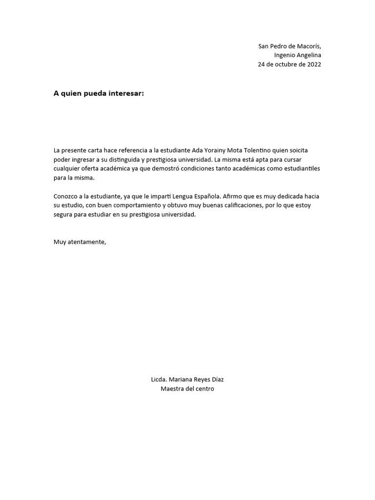 Carta de recomendación para Ada Mota | PDF