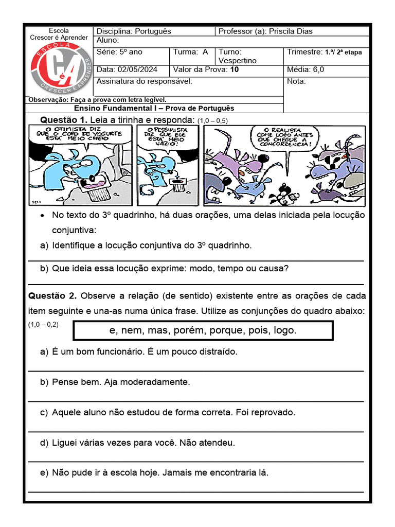 @prova de Português 5º Ano 2024 1º Trimestre 2 Etapa | PDF