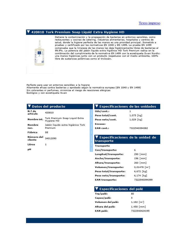 F.T.Jabon Líquido Tork Premium Extra Higiene | PDF