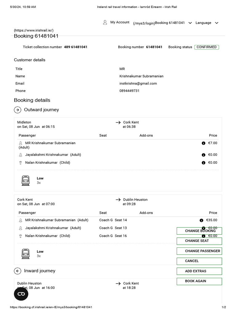 Irish Rail Booking Confirmation 61481041 | PDF | Public Transport ...