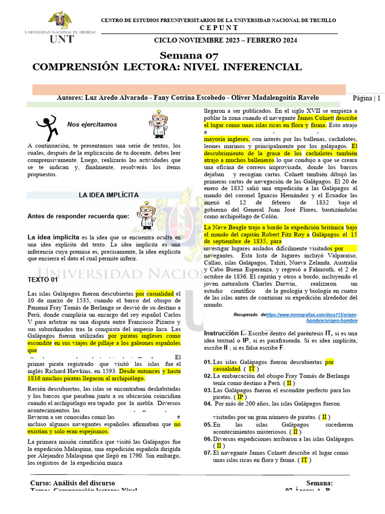 Semana 07 Comprensión Lectora Nivel Inferencial Pdf Islas Galápagos