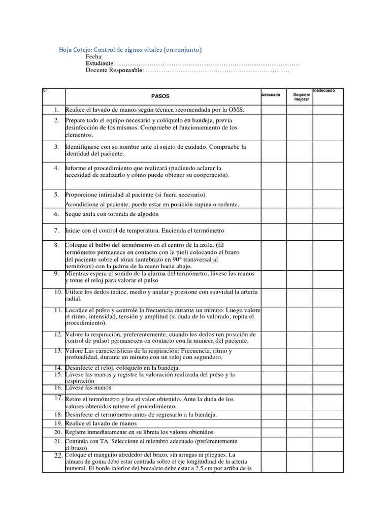 Hoja de Cotejo Control de Signos Vitales | PDF | Legumbres