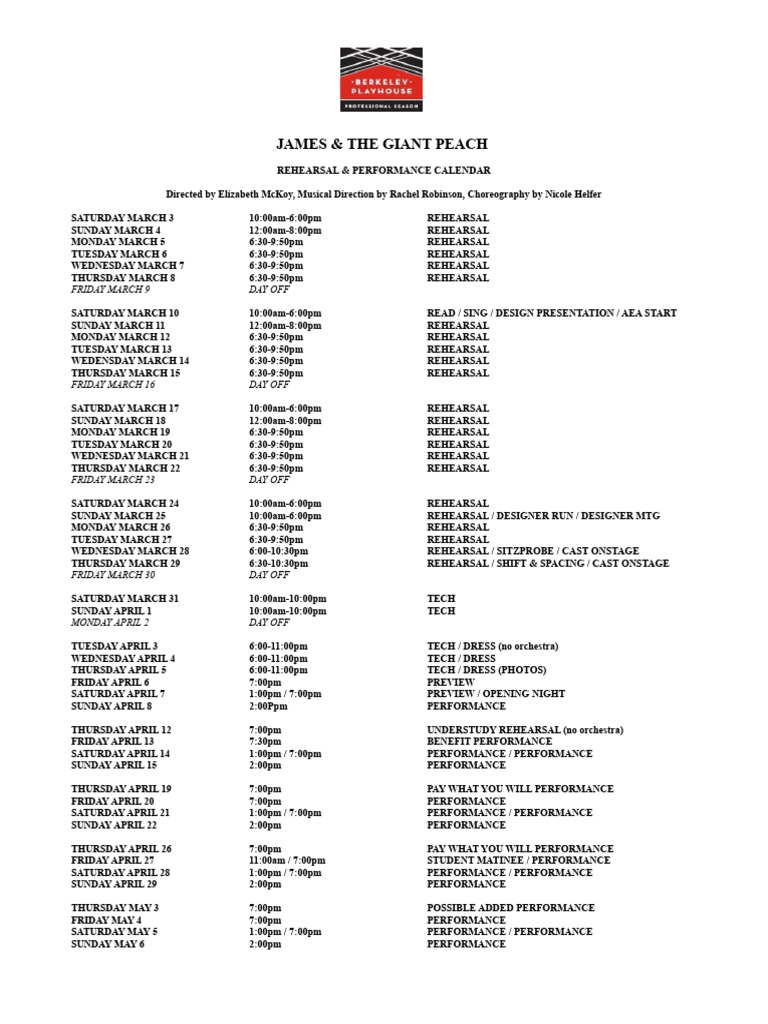 James & the Giant Peach Rehearsal & Performance Calendar | PDF