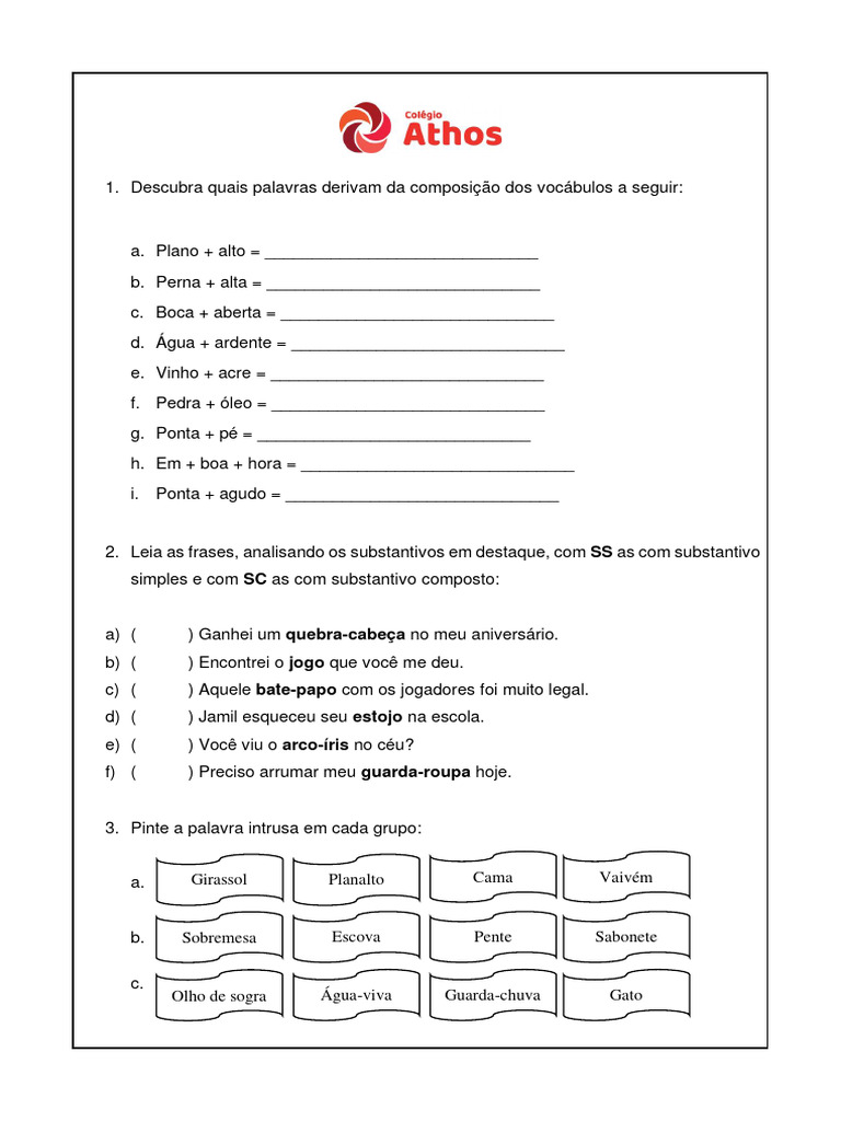 Atividade - Substantivo Composto 4º Ano | PDF