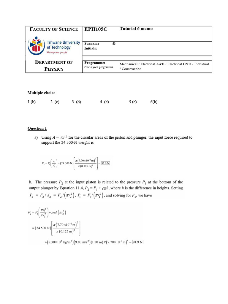 Tutorial 6 Memo | PDF | Pressure | Density