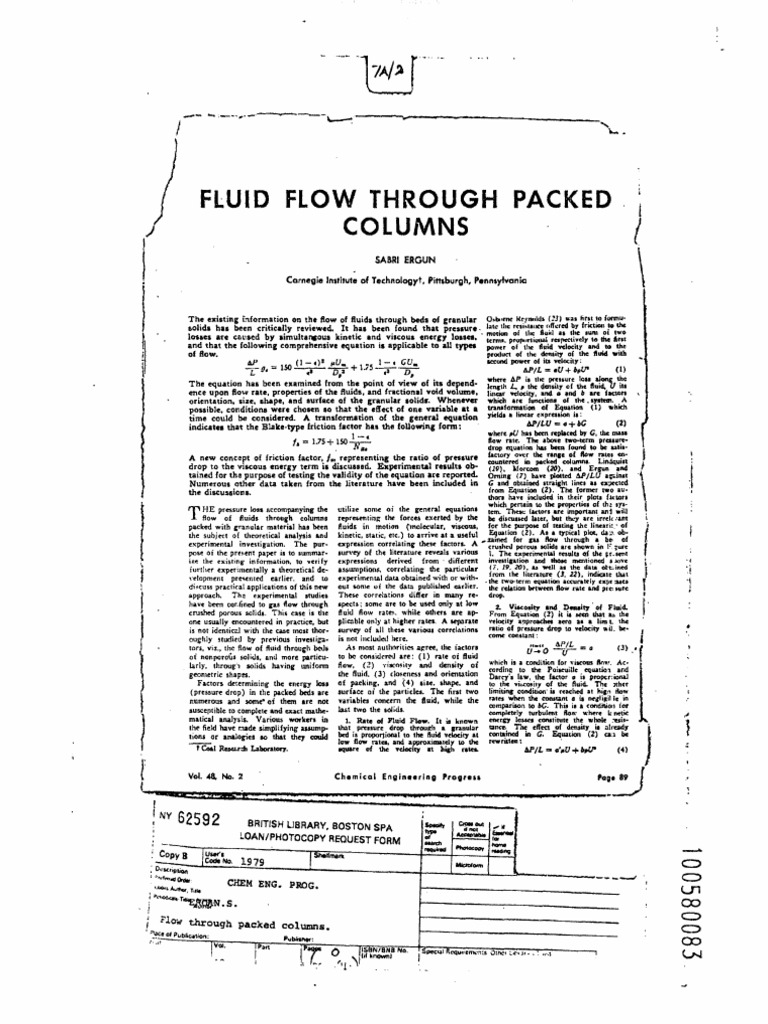Ergun, S - Flow Through Packed Columns | PDF | Fluid Dynamics | Viscosity