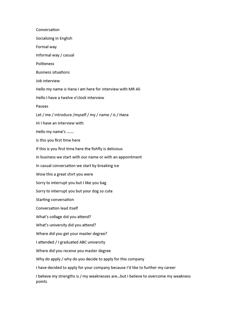 English Conversation Skills for Interviews | PDF