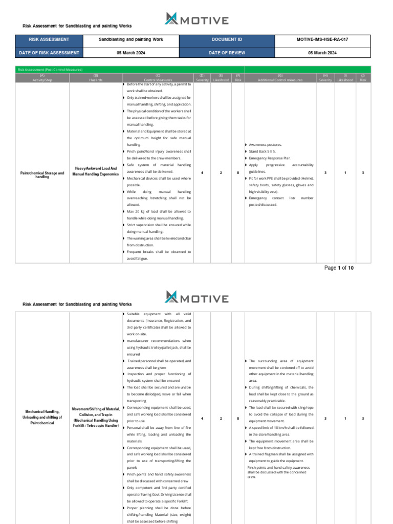 Risk Assessment For Sandblasting and Painting Works | PDF | Personal ...