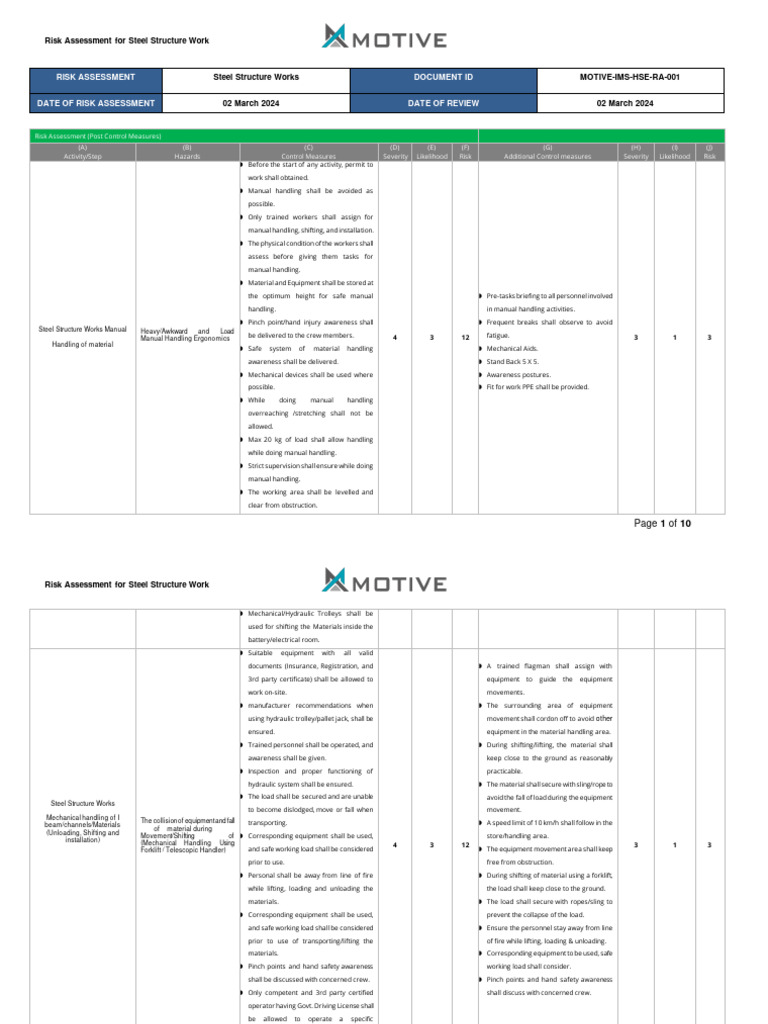 Risk Assessment For Steel Structure Works | Download Free PDF ...
