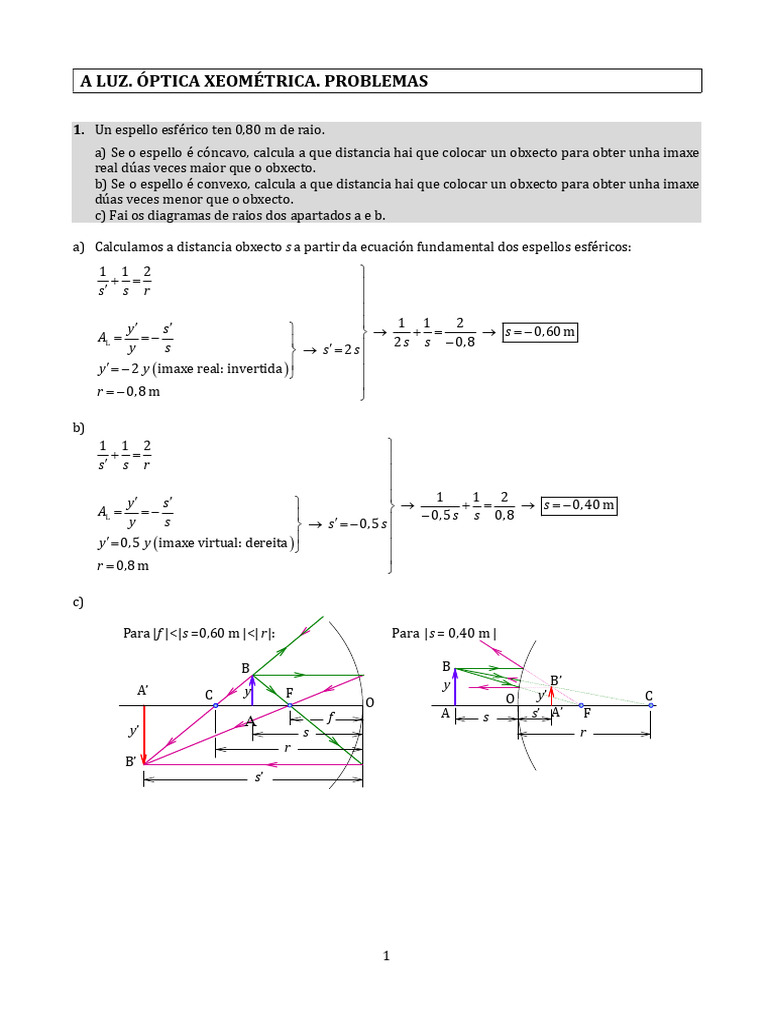A Luz. Óptica Xeométrica. Problemas | PDF