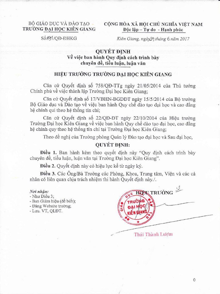 2017 - Quyet Dinh So 191 - QD-DHKG Ngay 29-06-2017 Quy Dinh Ve Cach ...