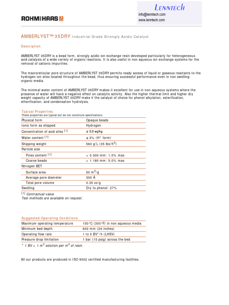 Dow Amberlyst 35 Dry L | PDF | Catalysis | Acid