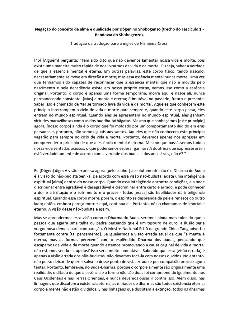 Negação Do Conceito de Alma e Dualidade Por Dôgen No Shobogenzo (Trecho ...