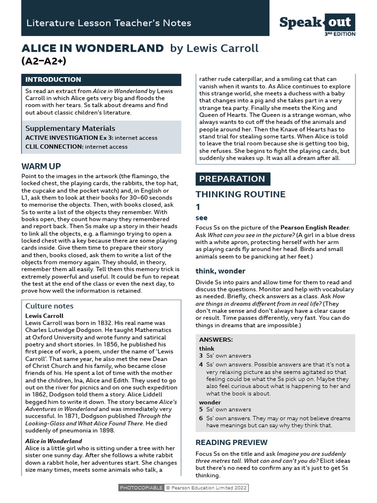SO3 A2-A2P Lit Lesson 1 TN | PDF | Lewis Carroll | Alice (Alice's Adventures In Wonderland)