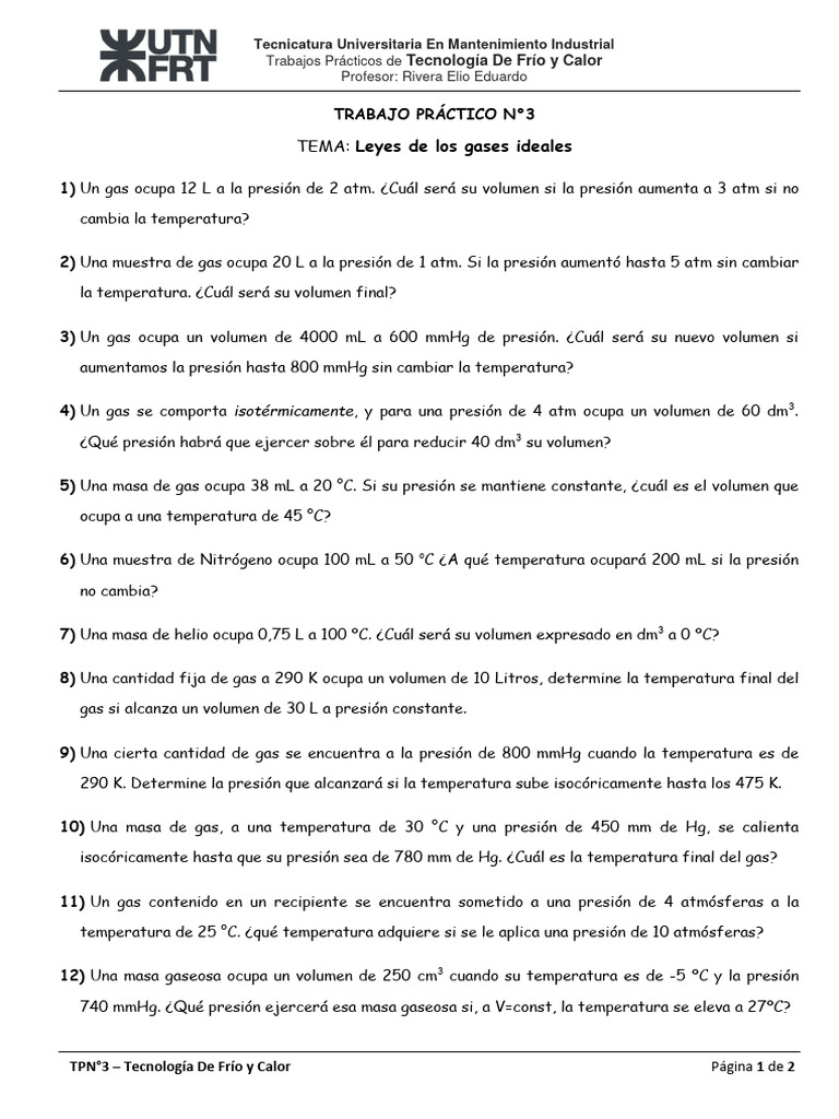 TPN°3-GasesIdeales_UTN_FRT_ProfeElio_2024 | PDF | Gases | Presión