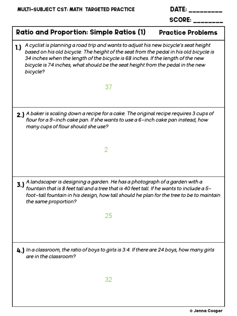 ANSWER KEY - Ratio and Proportion - Simple Ratios | PDF | Foods