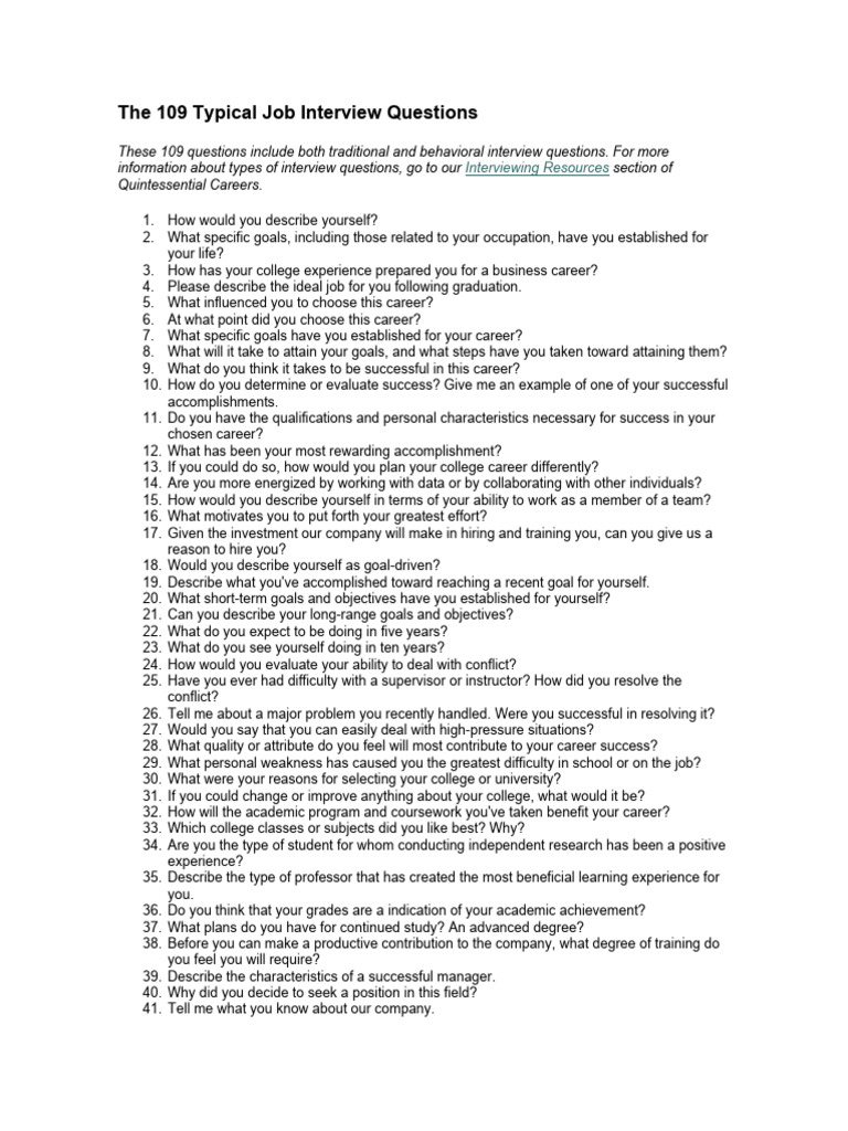 The 109 Typical Job Interview Questions | PDF | Goal | Job Interview
