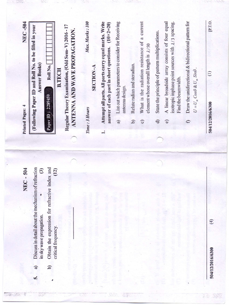 Antenna & Wave Propagation NEC-504 UT QP Odd 16-17 | PDF