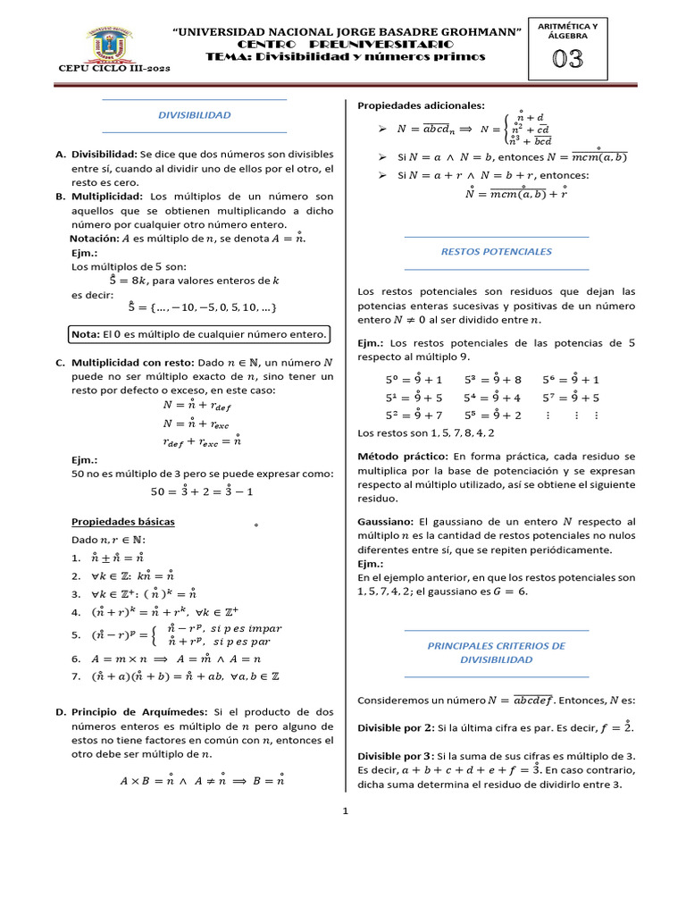 PRACTICA 03 ARITMÉTICA Y ÁLGEBRA CEPU 2023 III DIVISIBILIDAD Y NÚMEROS PRIMOS CON CLAVES | PDF ...