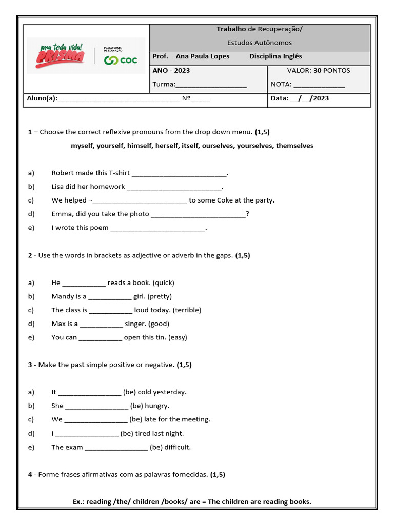 2023-11-25T18-13-39-313868-TRABALHO DE RECUPERA O 1o ANO 2023 | PDF | Syntax | Grammar