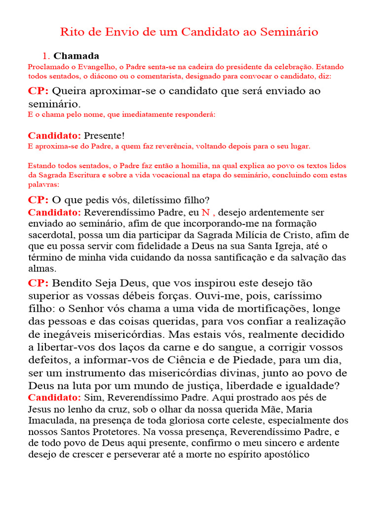 Rito de Envio de Um Candidato Ao Seminário | PDF | Liturgia | Oração