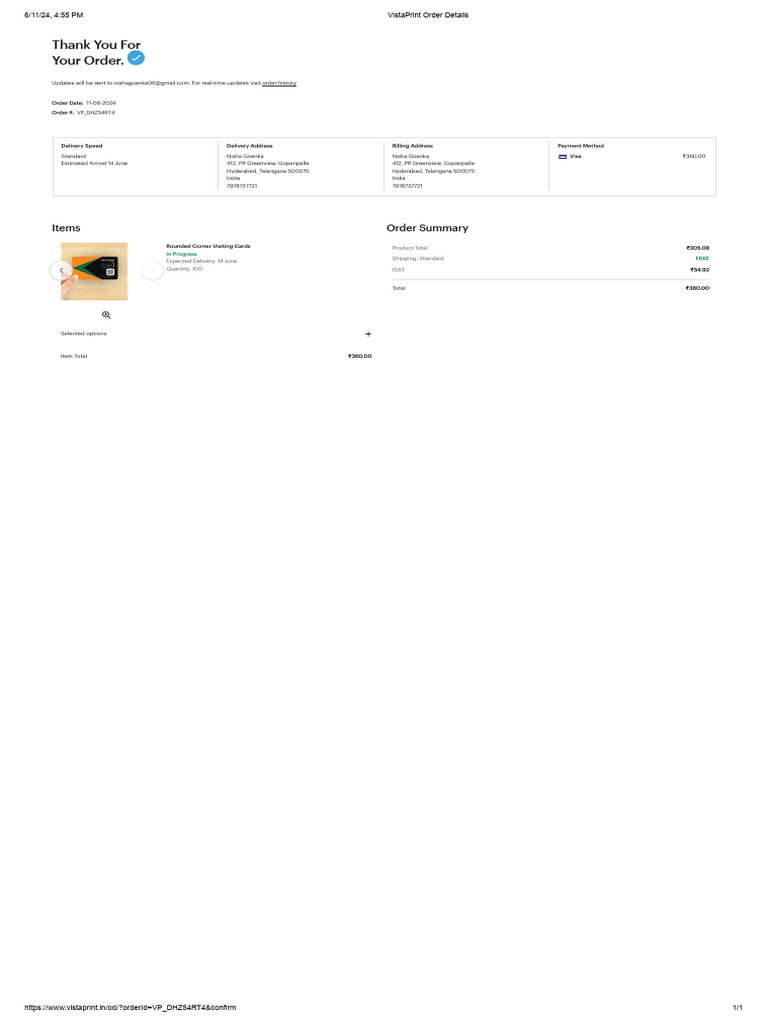 VistaPrint Order Details | PDF