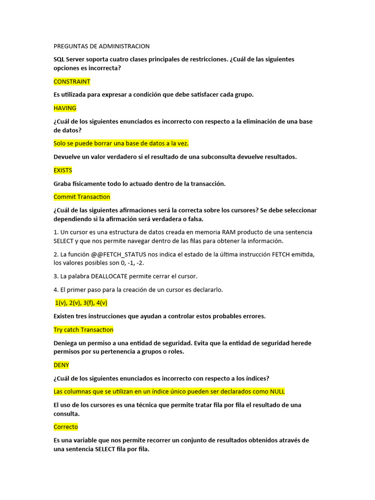 PREGUNTAS DE ADMINISTRACION Faltan Ejercicios | PDF | SQL | Servidor SQL de Microsoft