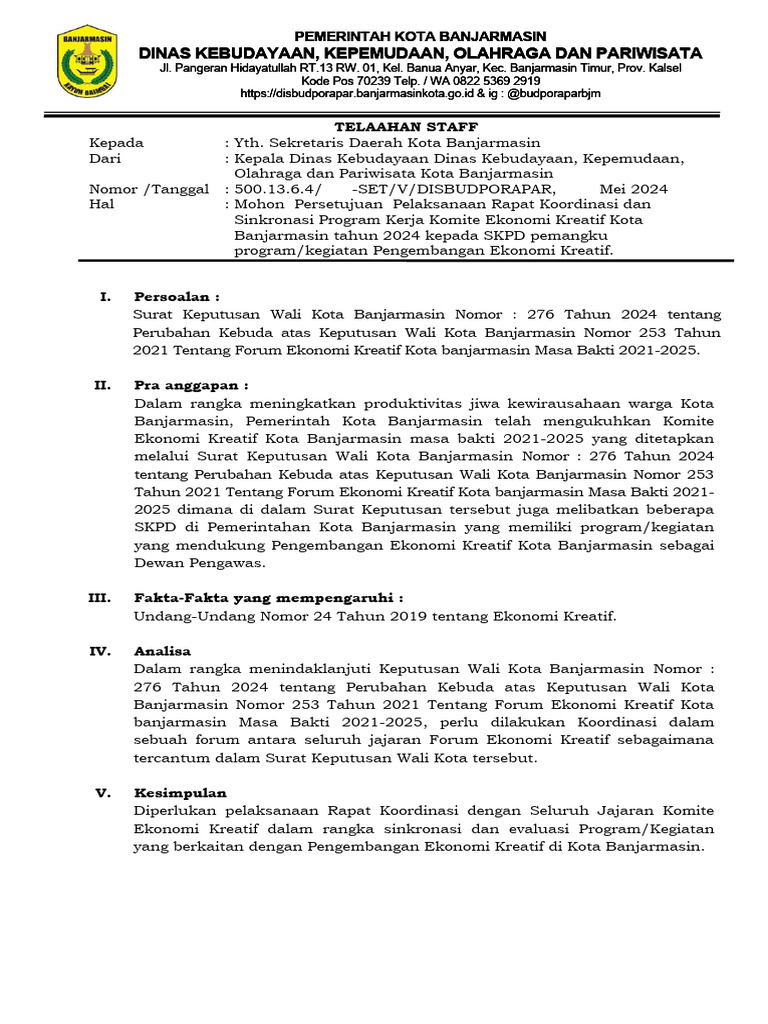 Telaahan Staff TTD Undangan Rapat Komite Ekraf 28 Mei 2024 | PDF