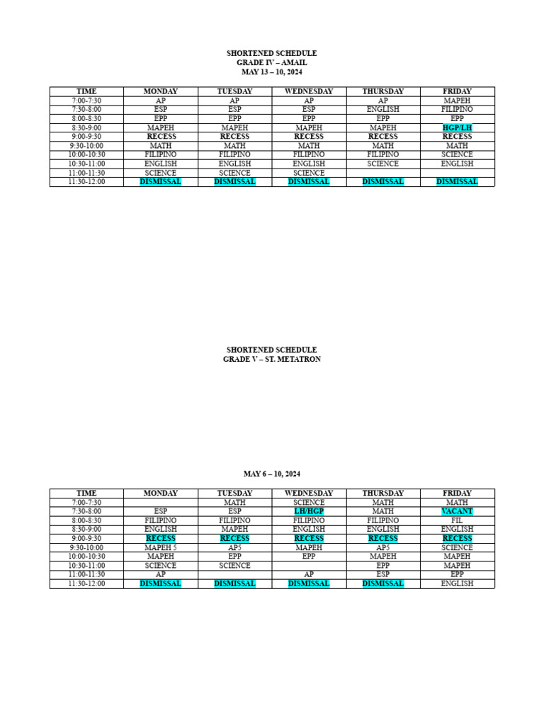 Shortened Schedule G4-G6 | PDF