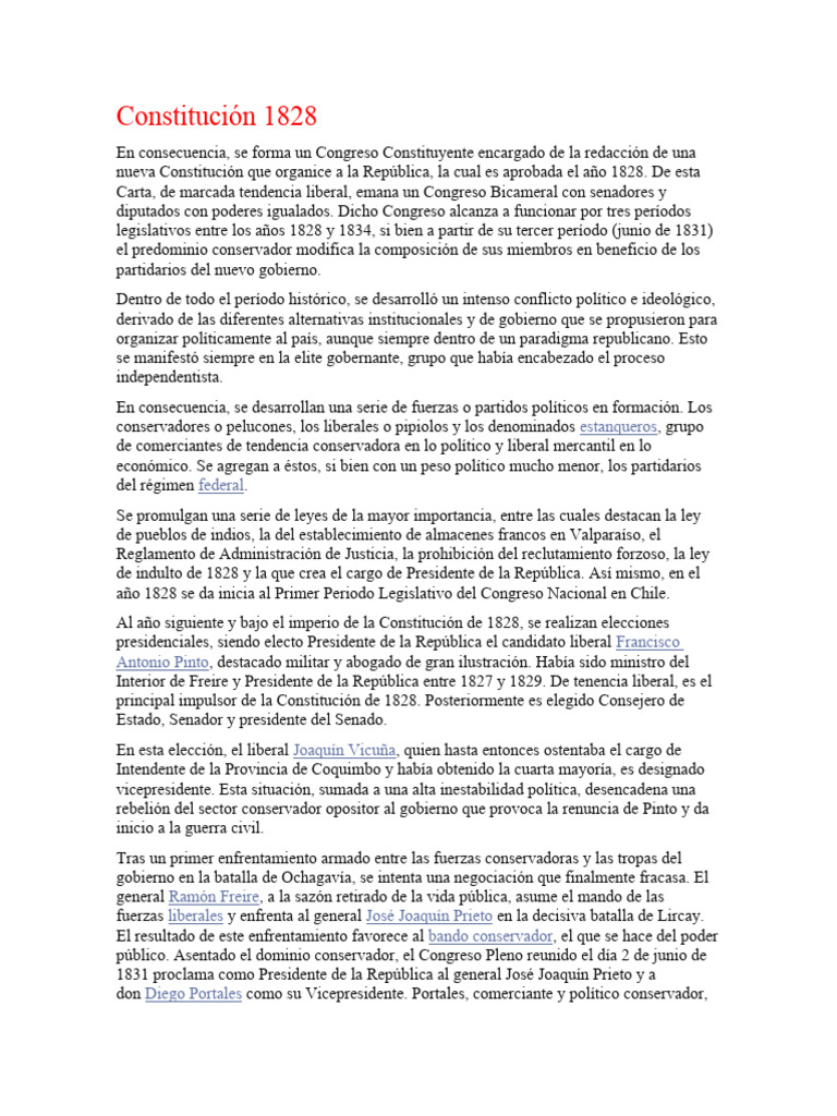 Historia de la Constitución de 1828 en Chile | PDF | Ciencias Políticas ...