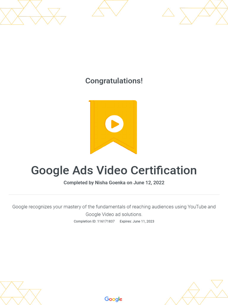 Google Ads Video Cert Achieved | PDF