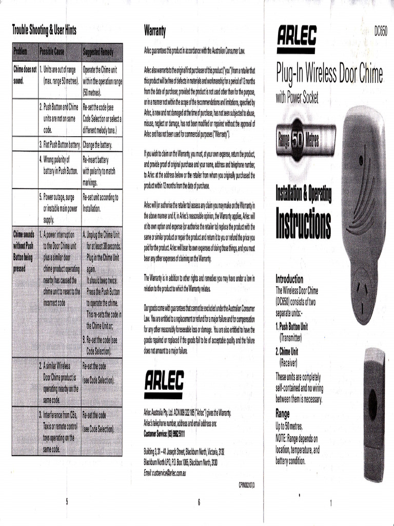 ARLEC Plug-In Wireless Door Chime | PDF
