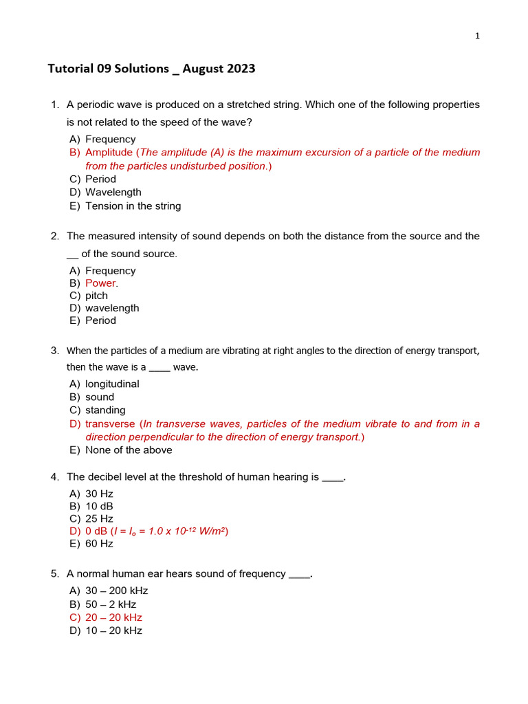 Tutorial 9_Solutions_ (EPH105C)_August_2023 | Download Free PDF | Waves | Sound