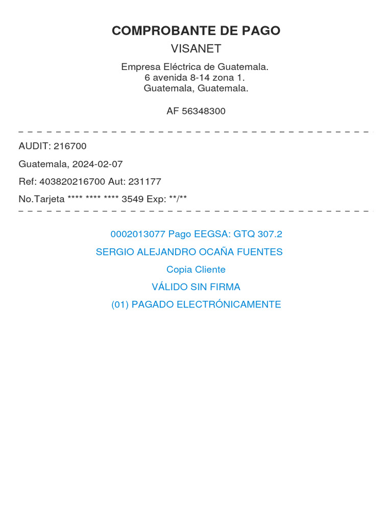 Pago Eegsa 0002013077 | PDF