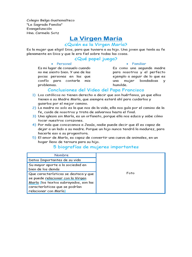 Evangelización, virgen maria,Tercero Basico A-17 | PDF | María, madre ...