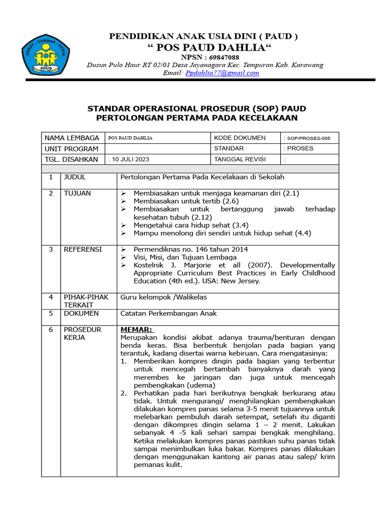 SOP Pertolongan Pertama PAUD | PDF