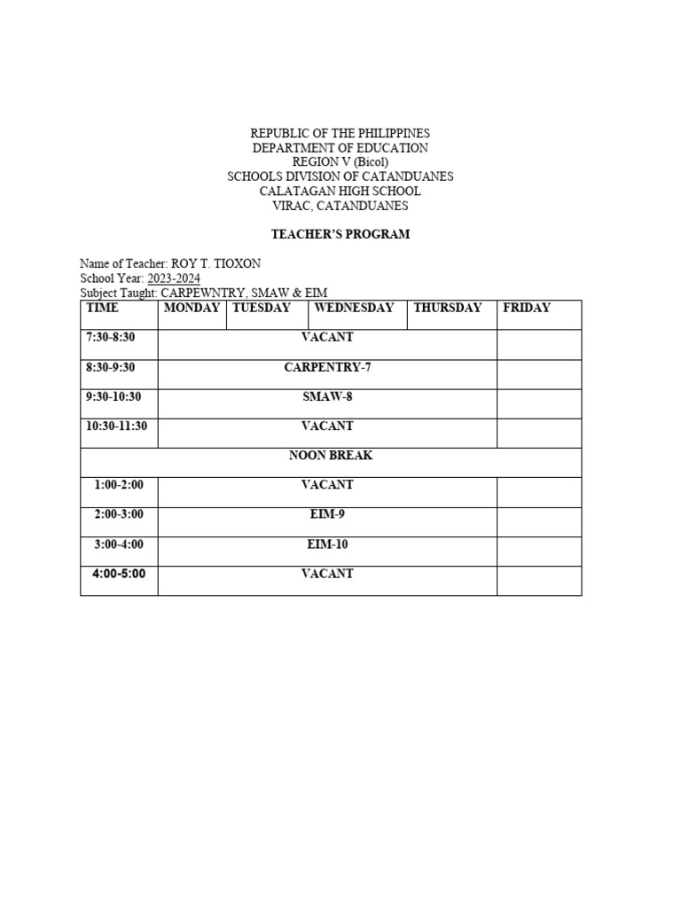 Teacher Schedule: Carpentry & EIM | PDF