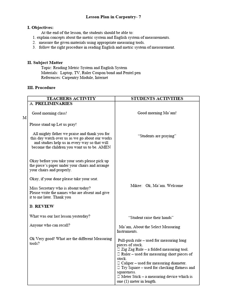 Lesson Plan in CArpentry Jha | PDF | Measurement | Metrology