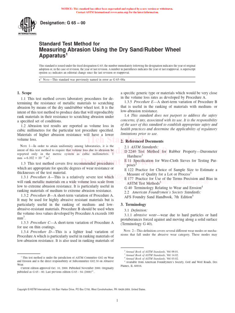 ASTM-G65-00 | PDF | Wear | Welding
