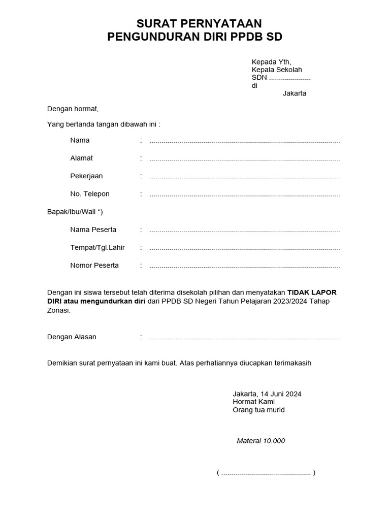 Surat Pernyataan Pengunduran Diri PPDB | PDF