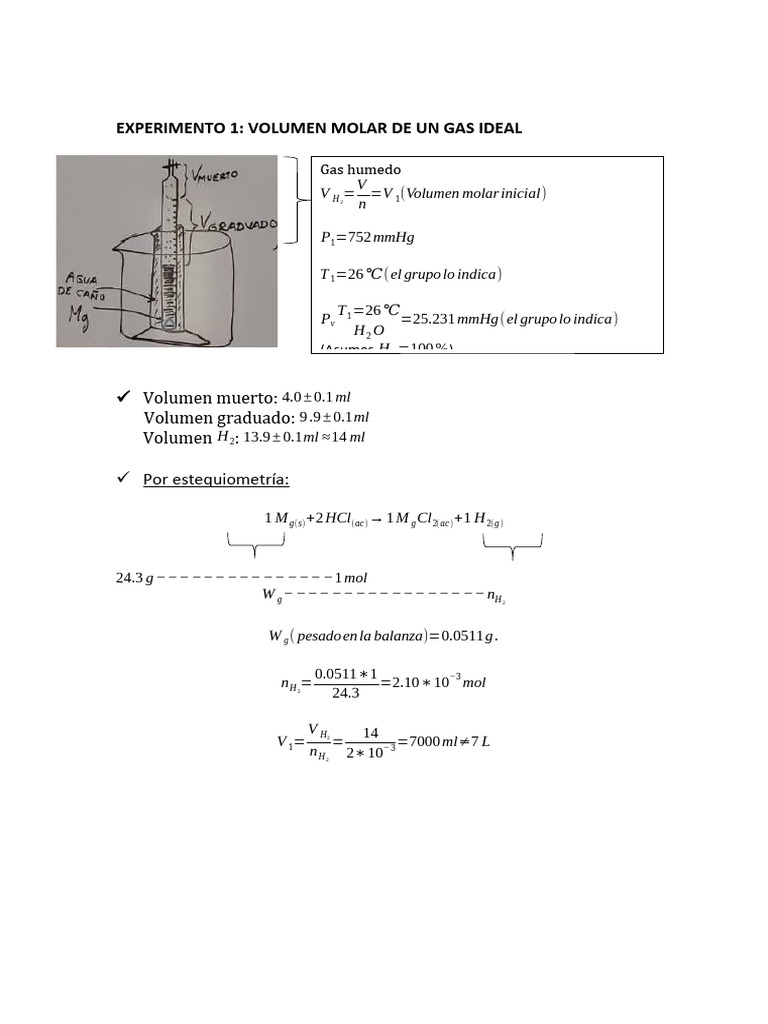 Experimento 1 (Volumen Molar de Un Gas Ideal) y Experimento 2 (Ley de ... Experimento 1 (Volumen Molar de Un Gas Ideal) y Experimento 2 (Ley de ...