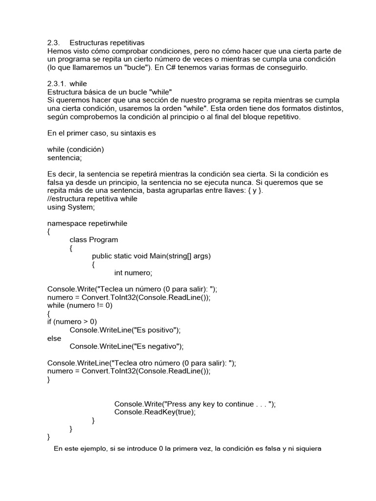 Guia C# Estructuras Iterativas | PDF | C Sharp (lenguaje de programación) | Desarrollo de software