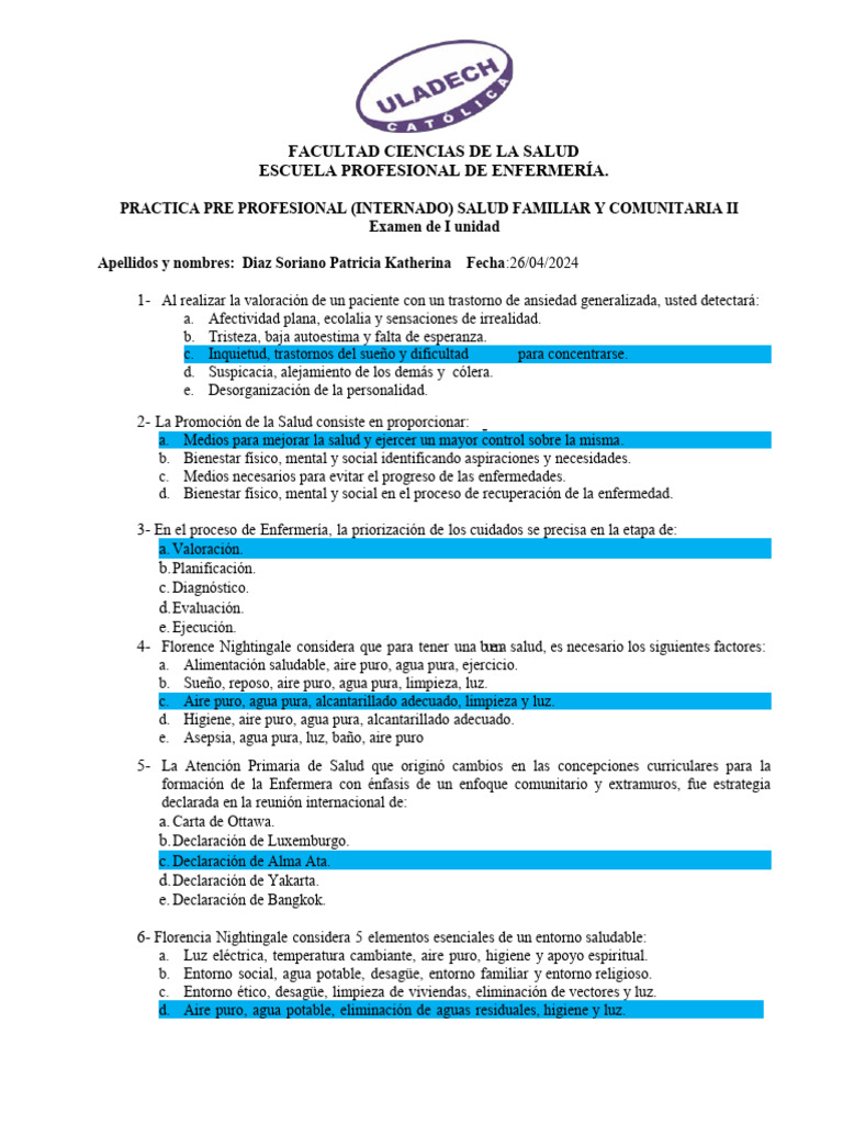 EXAMEN I U Comu | PDF | Enfermería | Ciencias de la Salud