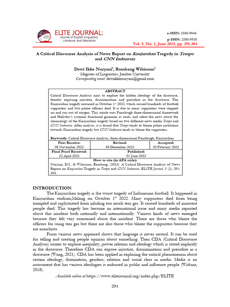 A Critical Discourse Analysis of News Report On Kanjuruhan Tragedy in ...