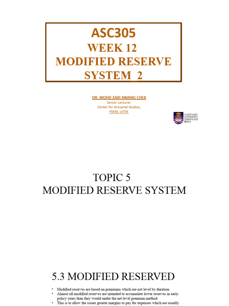 Modified Reserve System Overview | PDF | Insurance | Applied Mathematics