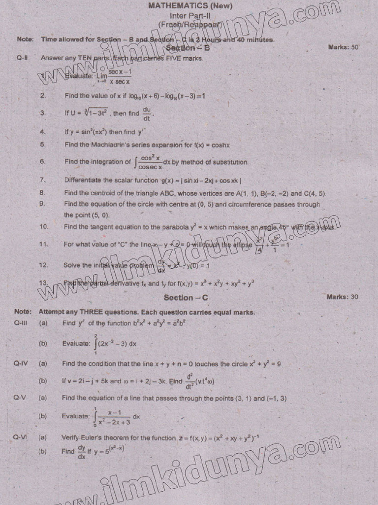 Past Paper 12th Class Math Subjective Paper 1 Peshawar Board 2021 | PDF