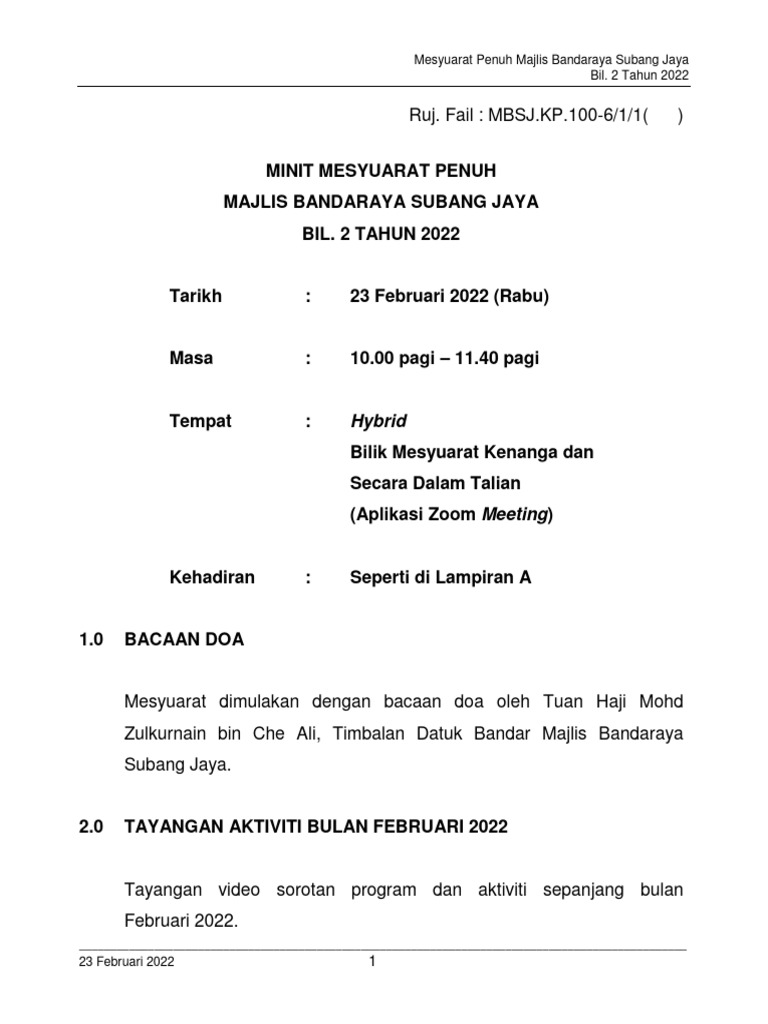 Minit Mesyuarat Penvvvvuh MBSJ Bil.02 2022 | PDF