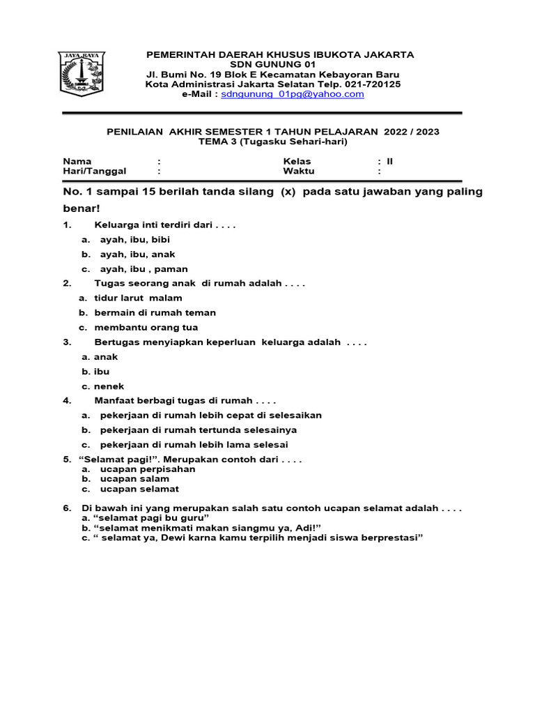 Soal PAS 1 - Tema 3 Kelas 2 - Revisi | PDF