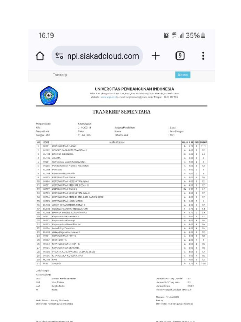 Jane Biringan SKS KHS Transkrip Nilai | PDF