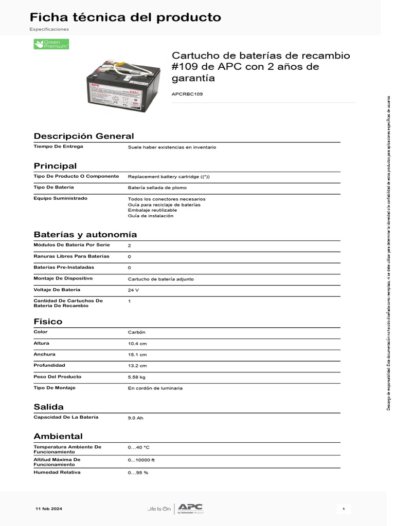 APC - Cartuchos de Baterías de Recambio - APCRBC109 | PDF